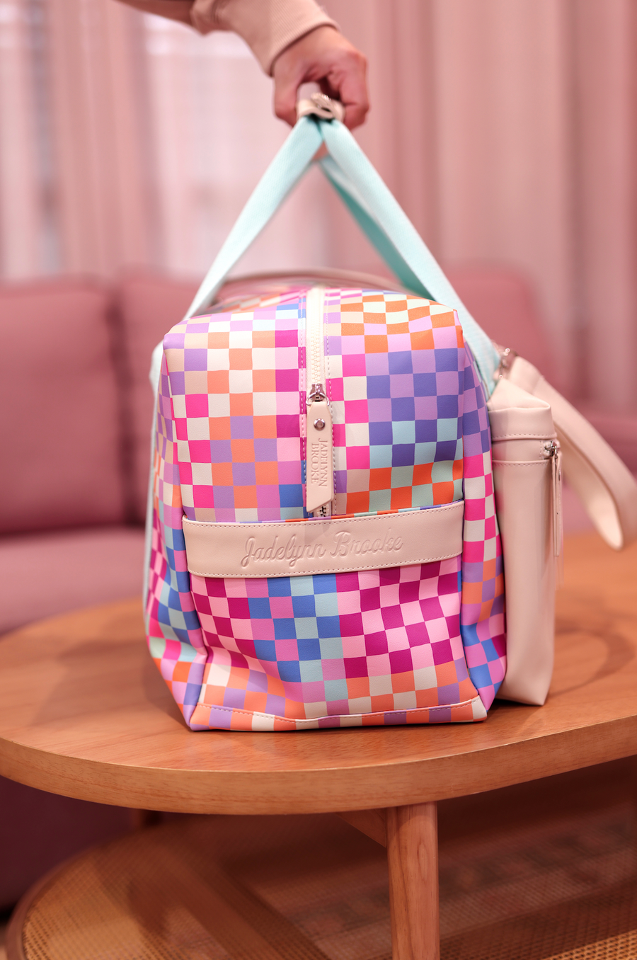 Custom Duffle Bag - Happy Checkered LONG pocket (Cream/Mint/Multi Colo ...